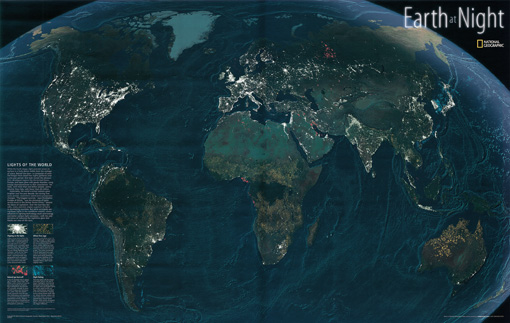 Satelitní nástěnná mapa Země v noci | nastennemapy.cz