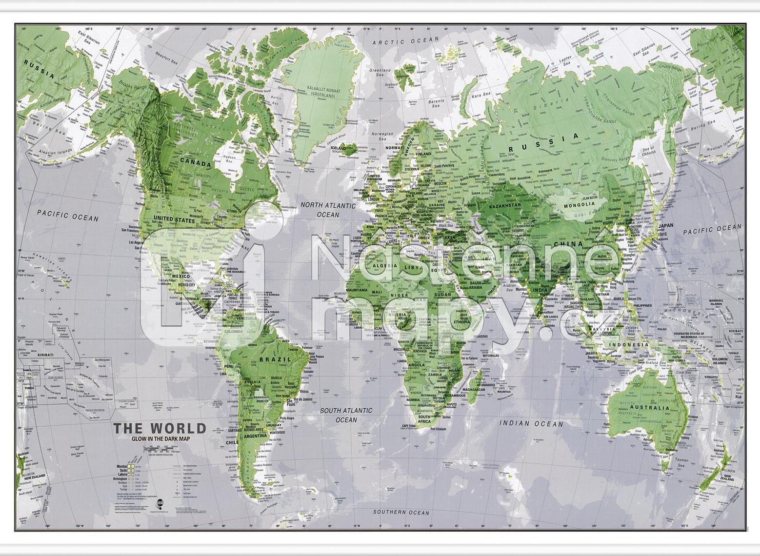 Nástěnná mapa světa svítící ve tmě zelená | Nástěnné mapy.cz